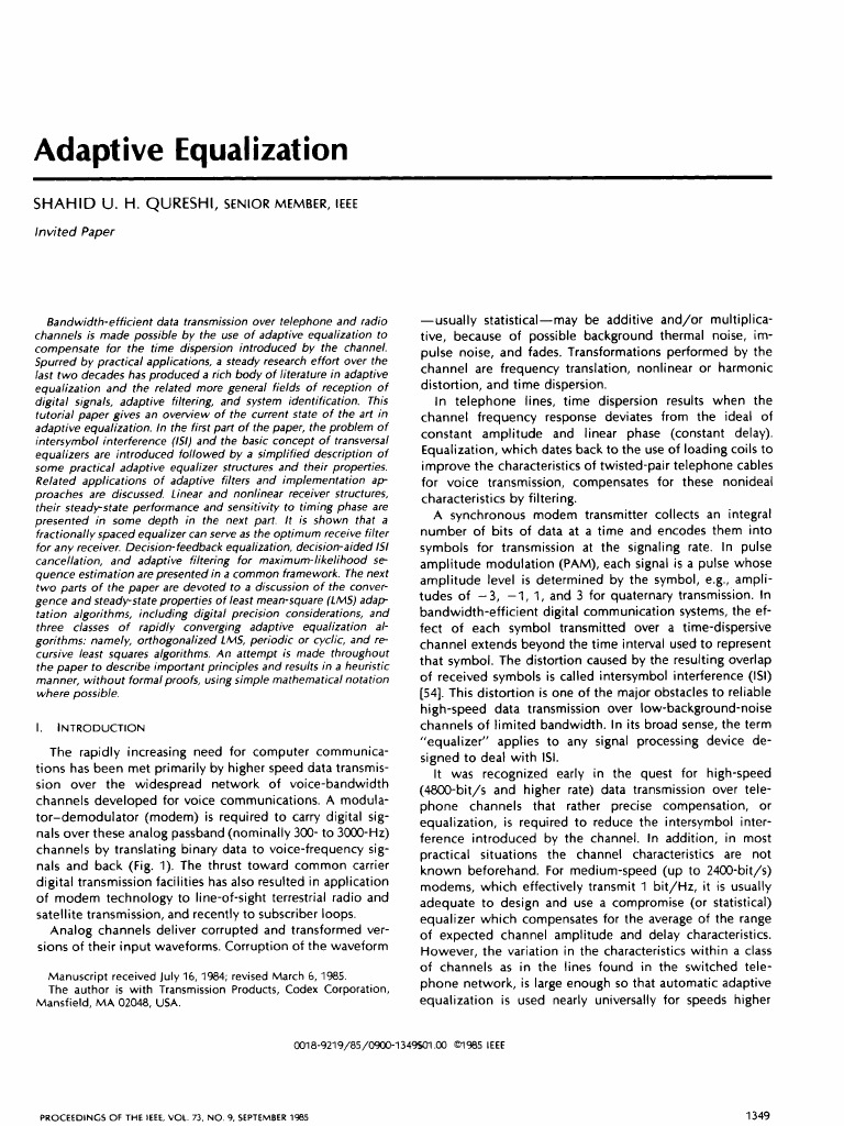 QURESHI Adaptive Equalization | PDF | Modulation | Radio