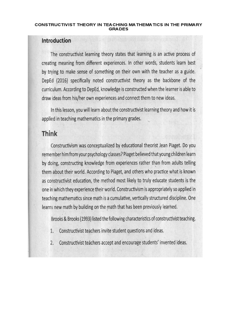 Constructivist Theory in Teaching Mathematics in The Primary Grades | PDF