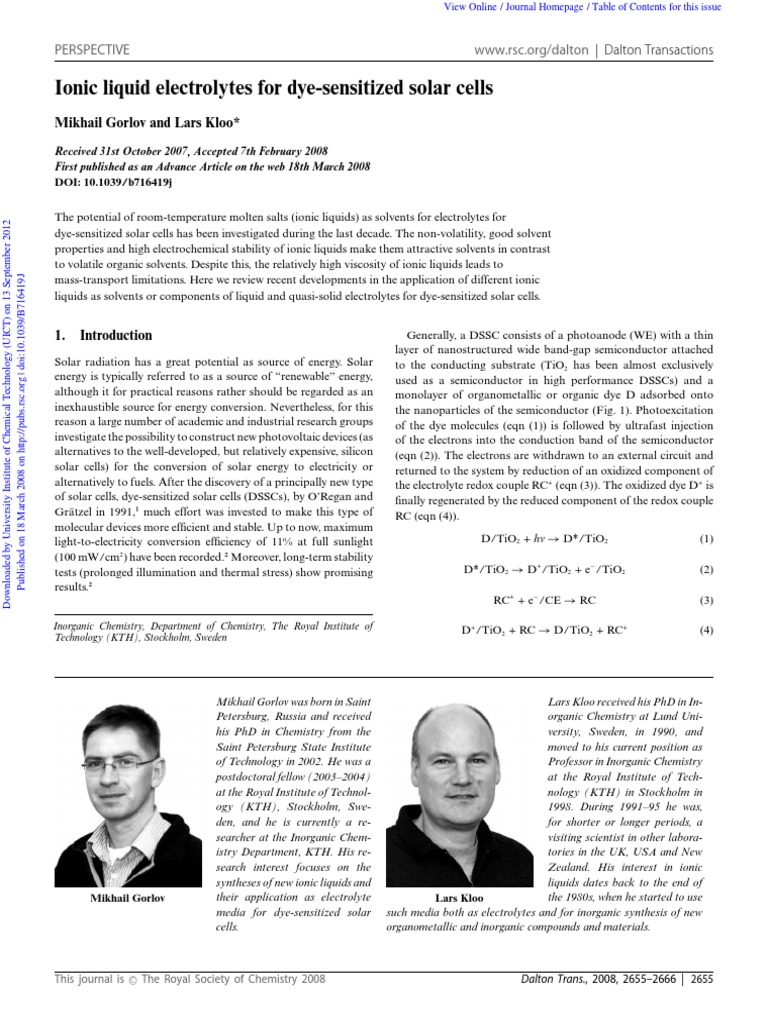 Ionic Liquid Electrolytes For Dye-Sensitized Solar Cells: Mikhail ...