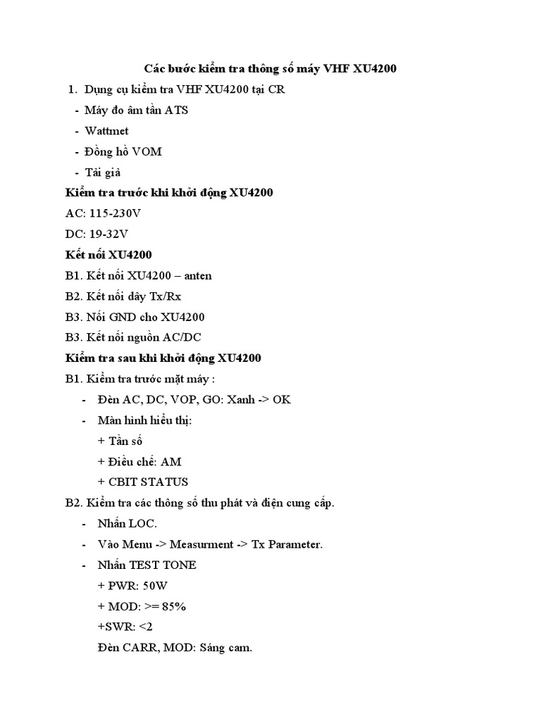 Các bước kiểm tra thông số máy VHF XU4200 | PDF