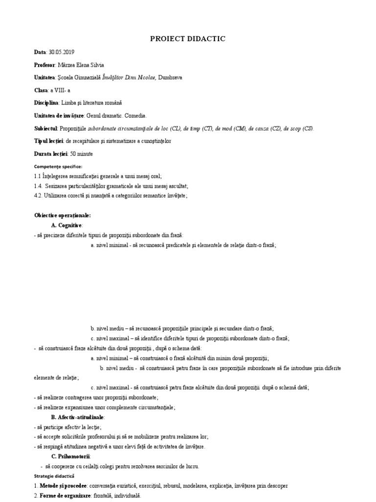 Proiect Didactic Clasa A VIII-A | PDF