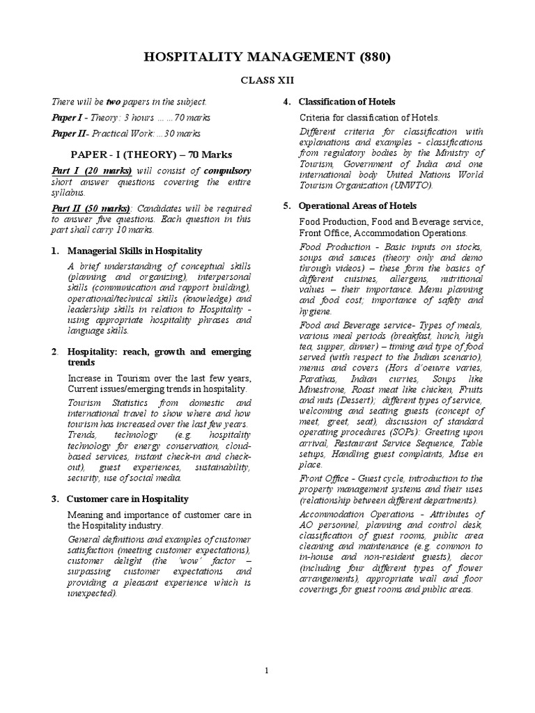 Class XII Hospitality Management Syllabus | PDF