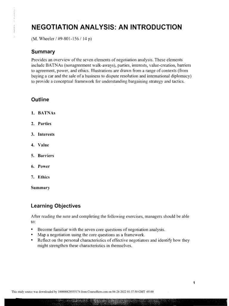 Negotiation Analysis: An Introduction: Batnas 2. Parties Interests ...