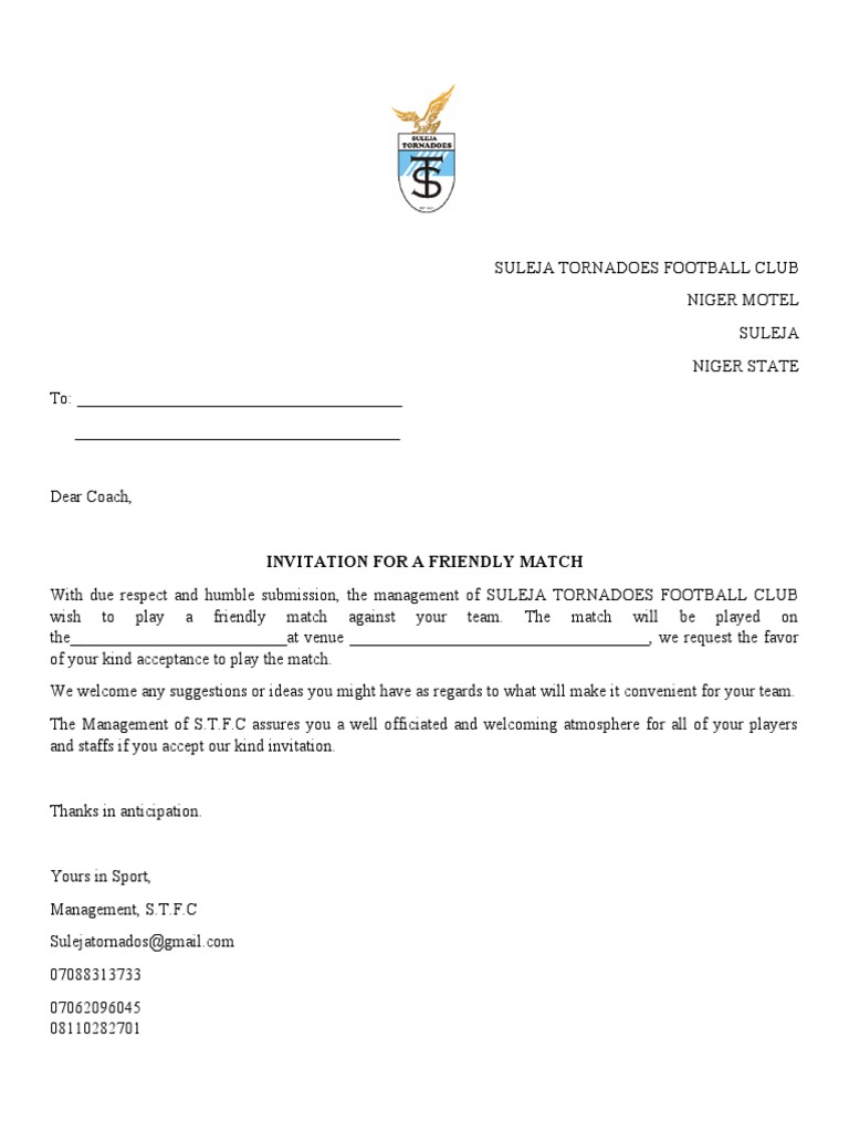 Suleja Tornadoes Match Invitation | PDF