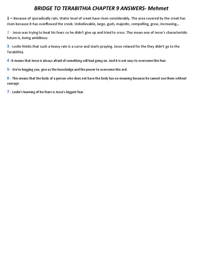 Bridge To Terabithia Chapter 9 Answers | PDF
