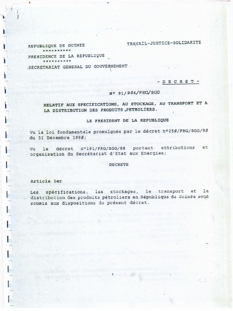 Guinee-Decret Specifications Trans Stock Distrib Hydrocarbures 1991 | PDF Guinee-Decret Specifications Trans Stock Distrib Hydrocarbures 1991 | PDF