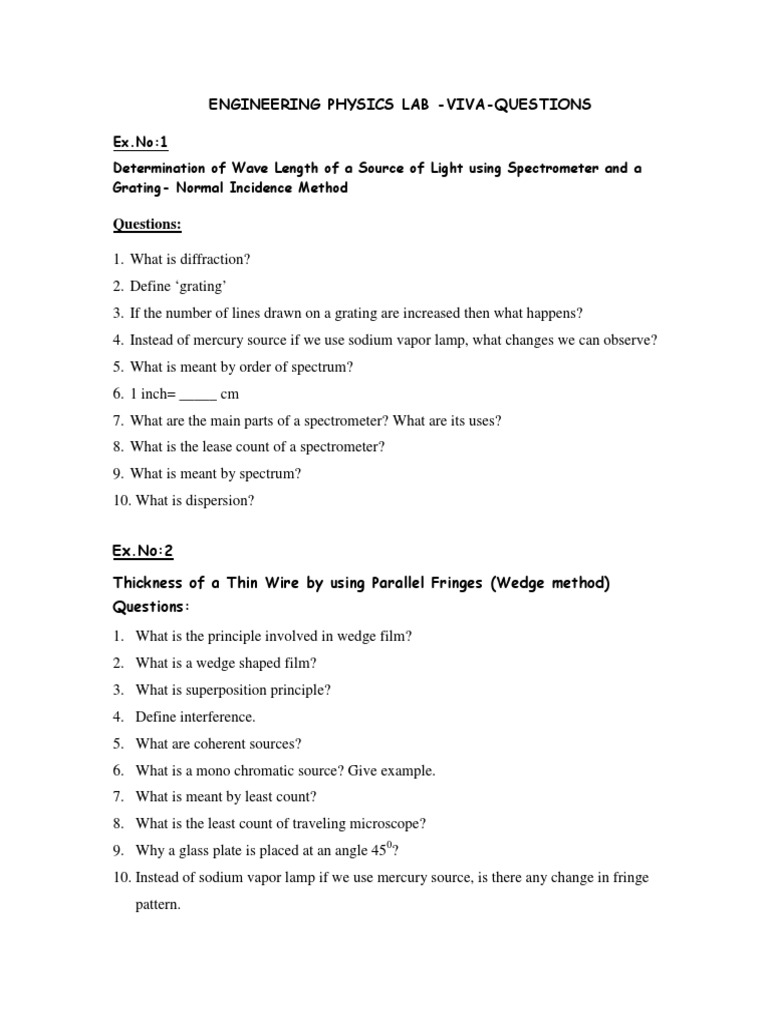 Engineering Physics Lab - Viva-Questions | PDF | Diffraction | Optics