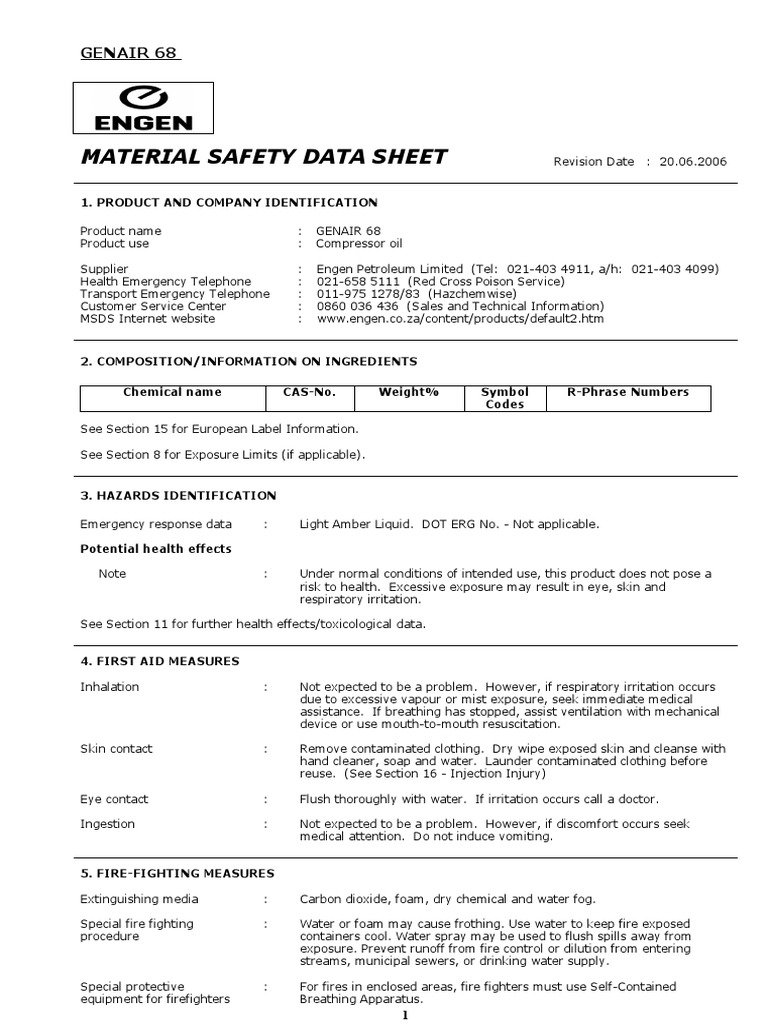 Material Safety Data Sheet: Genair 68 | PDF | Toxicity | Waste Management