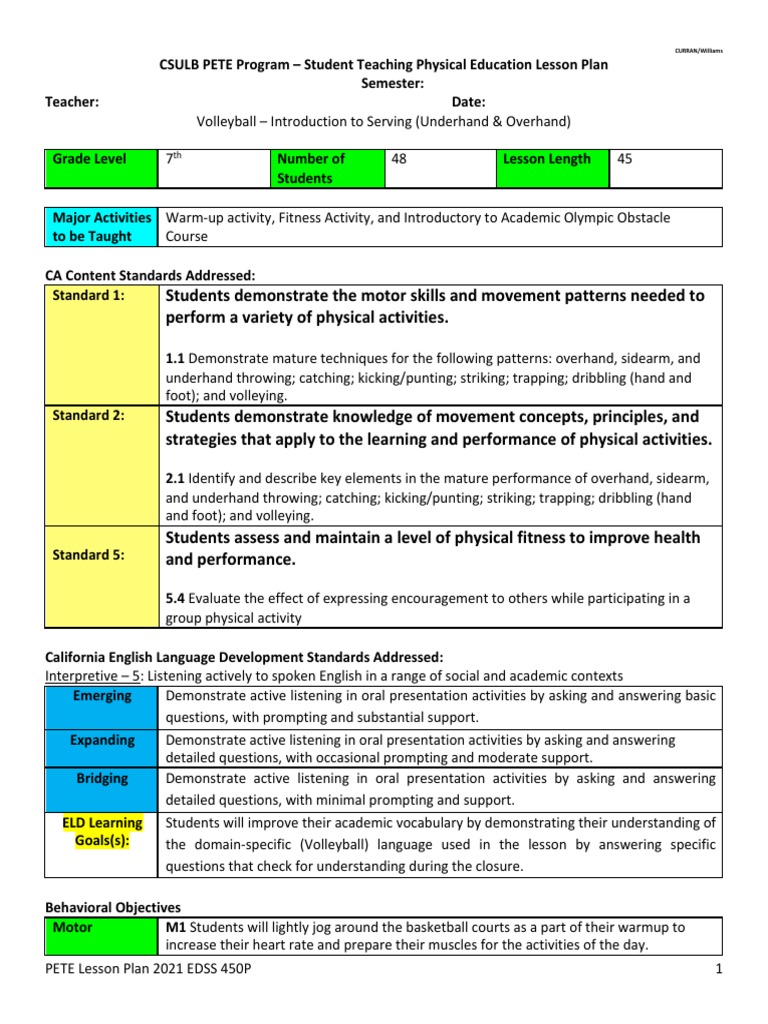 7th Grade Volleyball Serving Lesson Plan | PDF | Lesson Plan | Learning