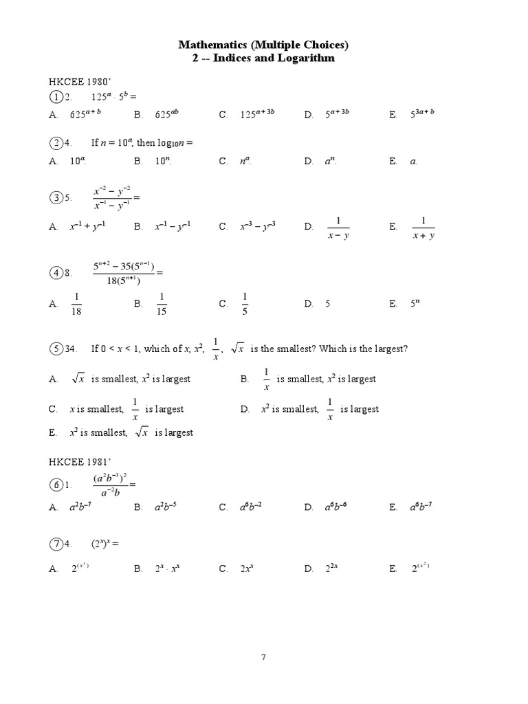 2 Indices and Logarithm (MC) | PDF | Mathematics | Complex Analysis
