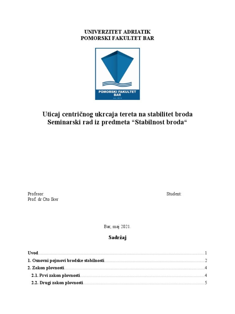 Uticaj Centričnog Ukrcaja Tereta Na Stabilitet Broda | PDF