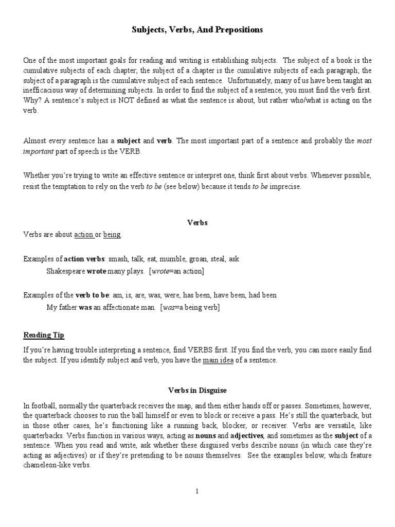 Subjects Verbs Prepositions | PDF | Preposition And Postposition ...