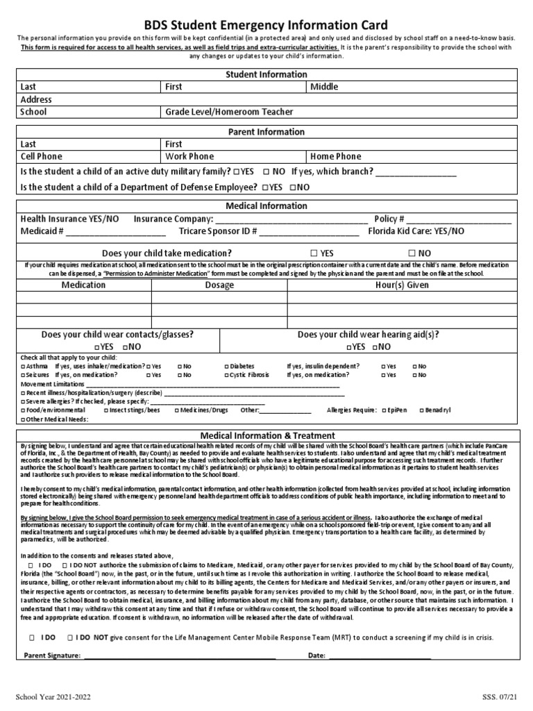 Student Emergency Information Card 2021-2022 | PDF | Health Care ...