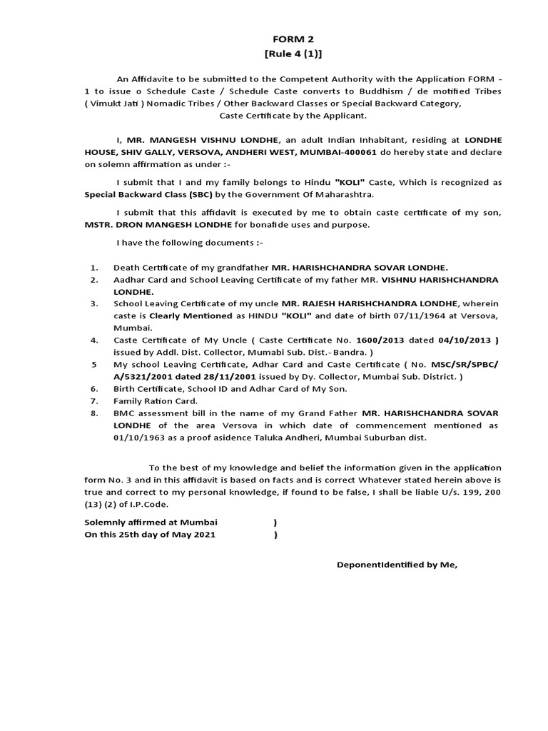Mumbai Family Affidavits Caste Certificate Forms | PDF | Affidavit