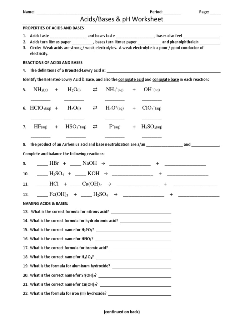 Acid Base Naming Worksheet Comprehension: Acids And Bases (upper