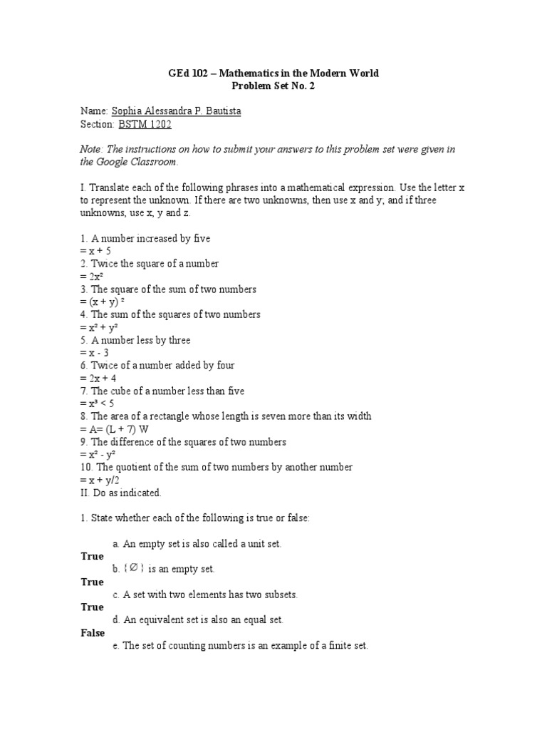 GEd 102 Problem Set No. 2 | PDF | Numbers | Set (Mathematics)