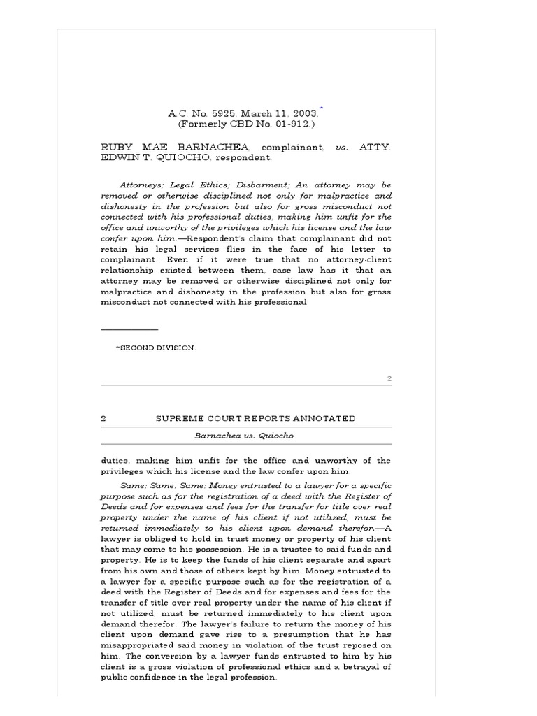 Barnachea vs. Quiocho, 399 SCRA 1, March 11, 2003 | PDF | Lawyer | Insurance