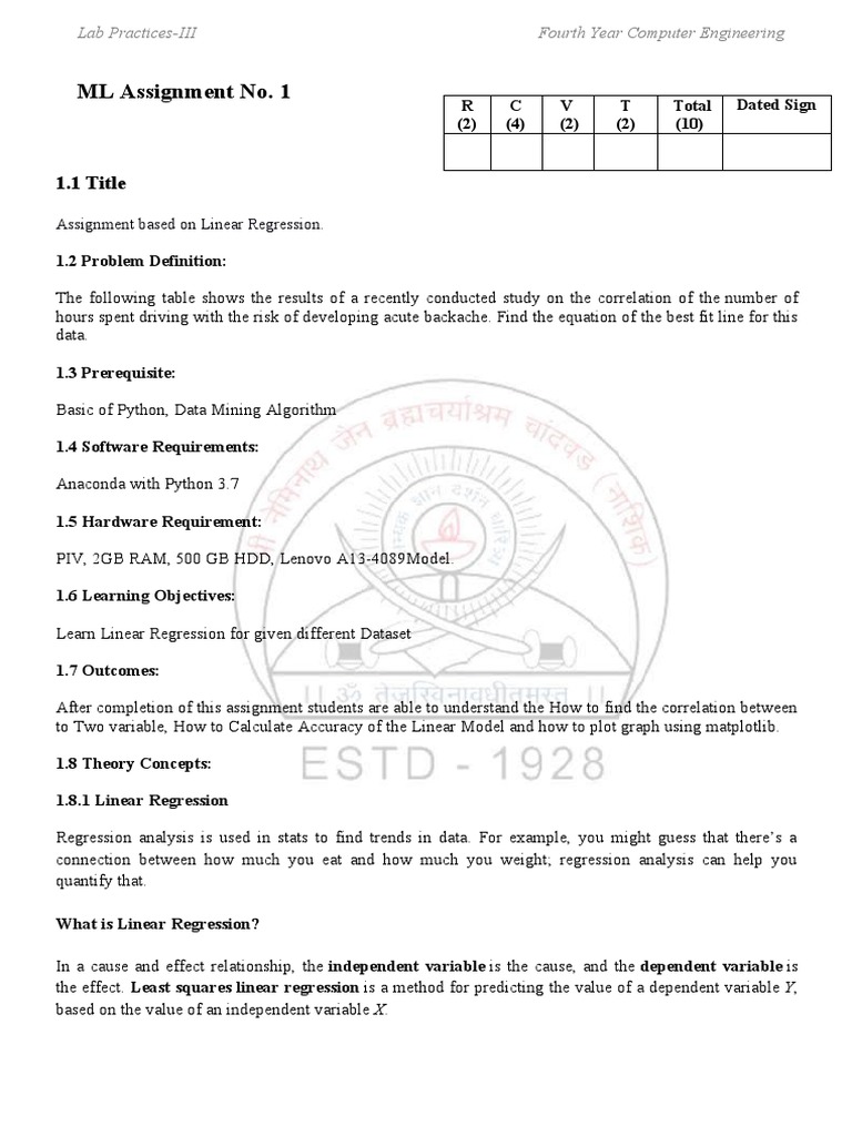 ML Assignment No. 1: 1.1 Title | PDF | Regression Analysis | Coefficient Of Determination