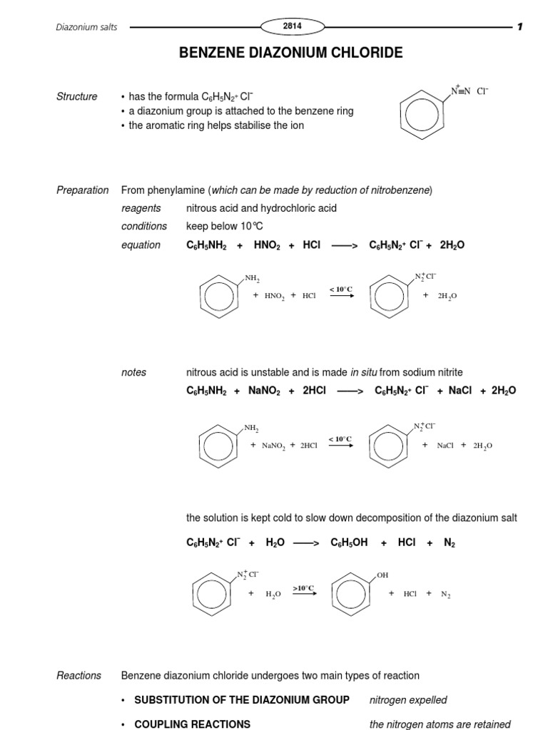 Benzene Diazonium Chloride Overview | PDF | Sodium Chloride | Chemical ...
