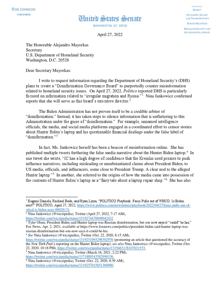 (DAILY CALLER OBTAINED) - 2022-04-27 Letter To DHS Re Disinformation ...