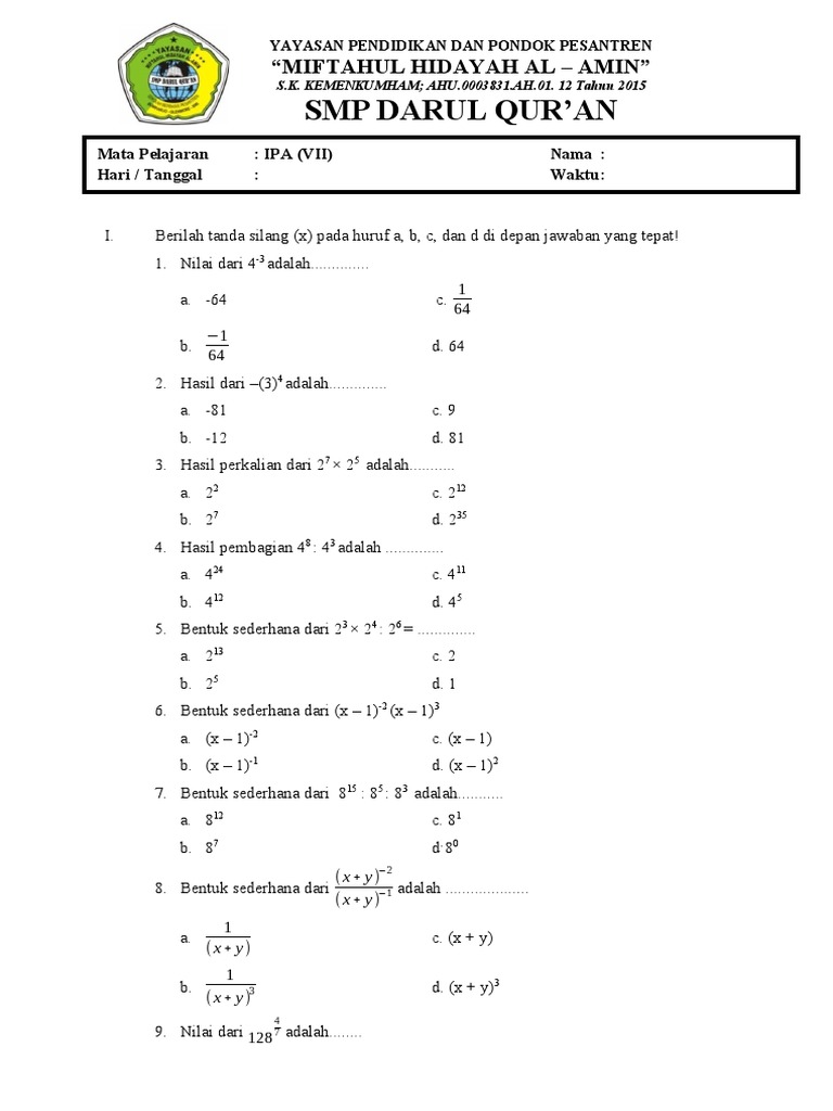 Soal MTK Mid Semester Genap KLS 9 | PDF