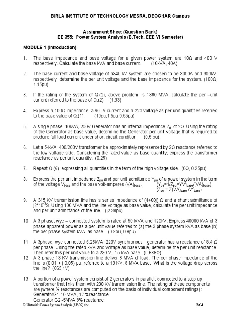 BIRLA INSTITUTE OF TECHNOLOGY MESRA, DEOGHAR Campus Assignment Sheet | PDF | Transformer ...