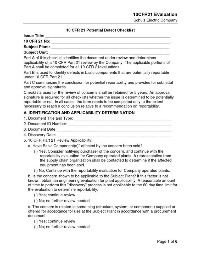 10 CFR 21 Potential Defect Checklist | Hazards | Nuclear Regulatory ...