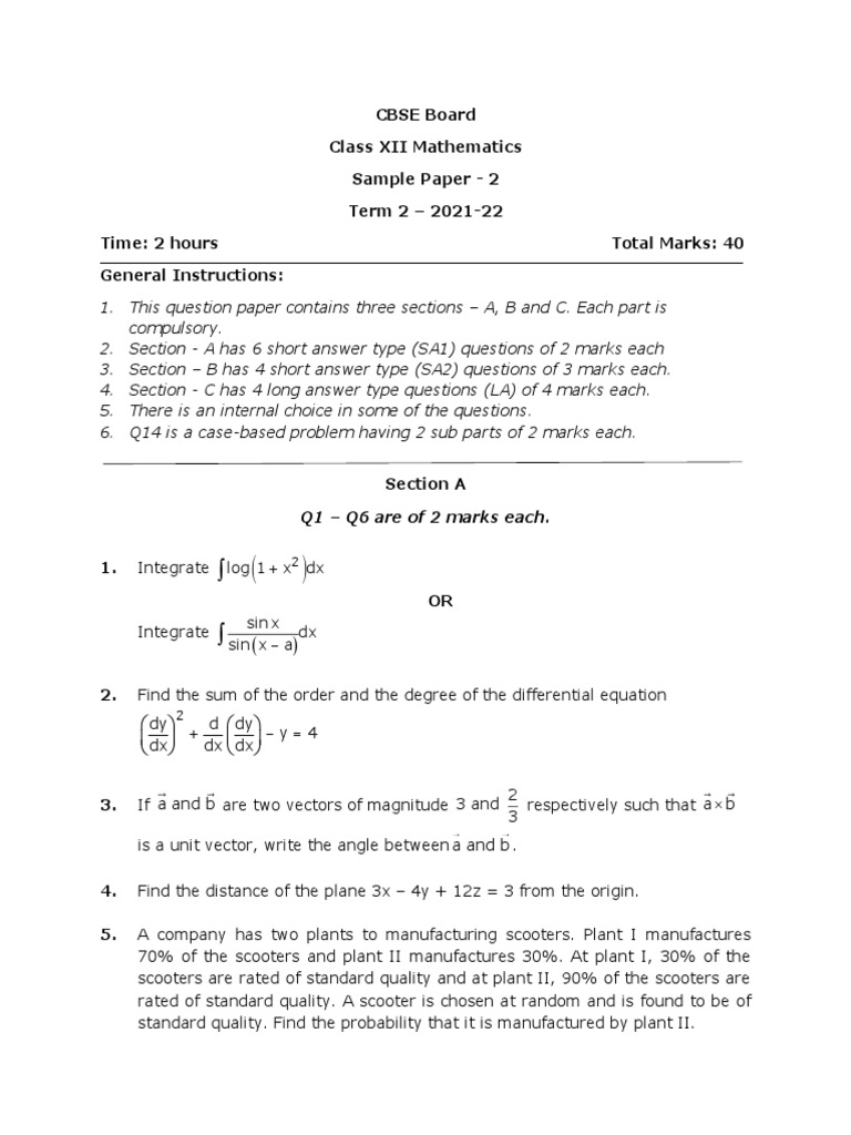 Math Sample Paper 1 | PDF | Area | Euclidean Vector