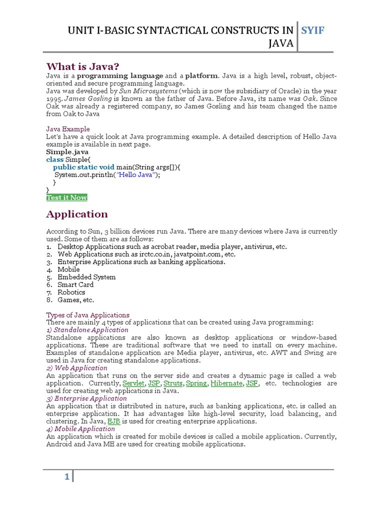 Unit I Basic Syntactical Constructs In Java Pdf Java Programming Language Integer