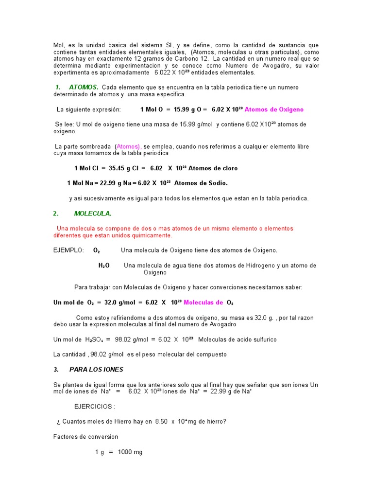 Ejercicios de Mol, Atomo y Moleculas Cuc | PDF | Mole (Unidad) | Química