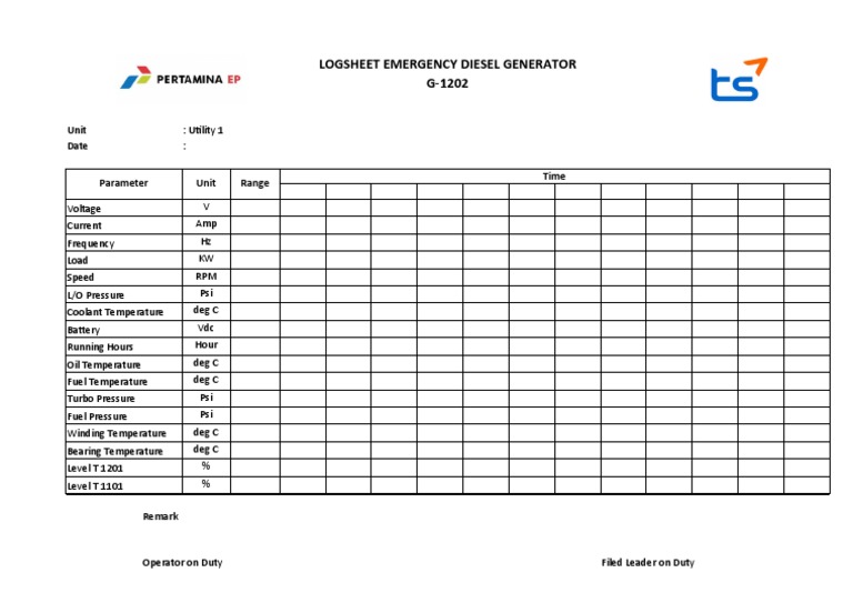 Logsheet Emergency Diesel Generator G-1202: Parameter Unit Range Time | PDF