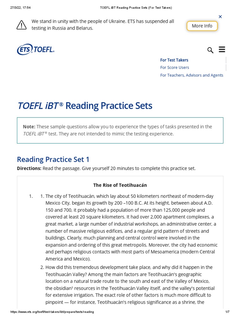 TOEFL iBT Reading Practice Sets (For Test Takersss) | PDF | Test Of ...