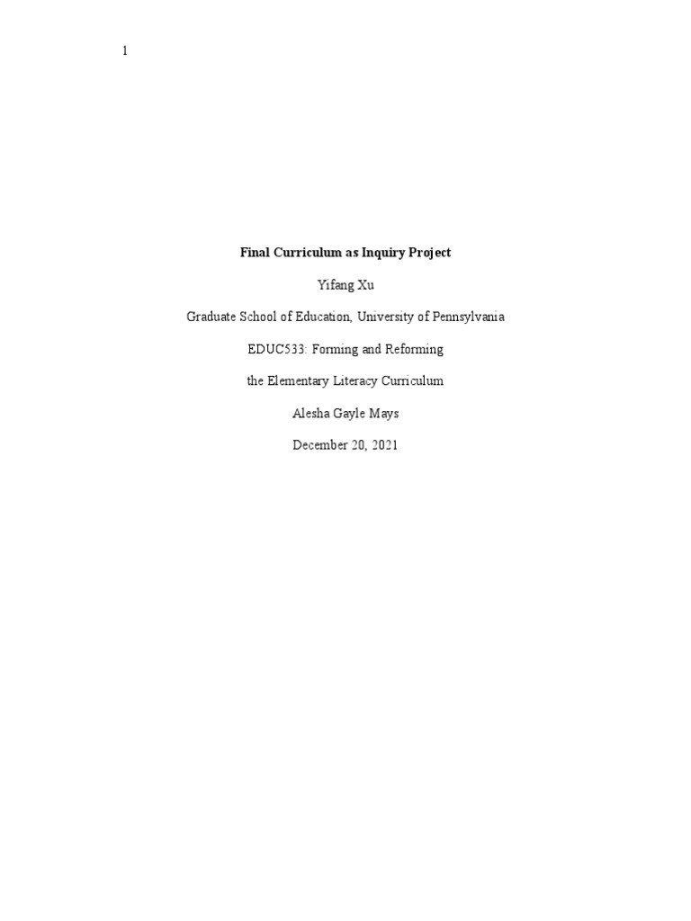 Educ 533 Final Curriculum As Inquiry Project | PDF | Reading Comprehension | Behavior Modification