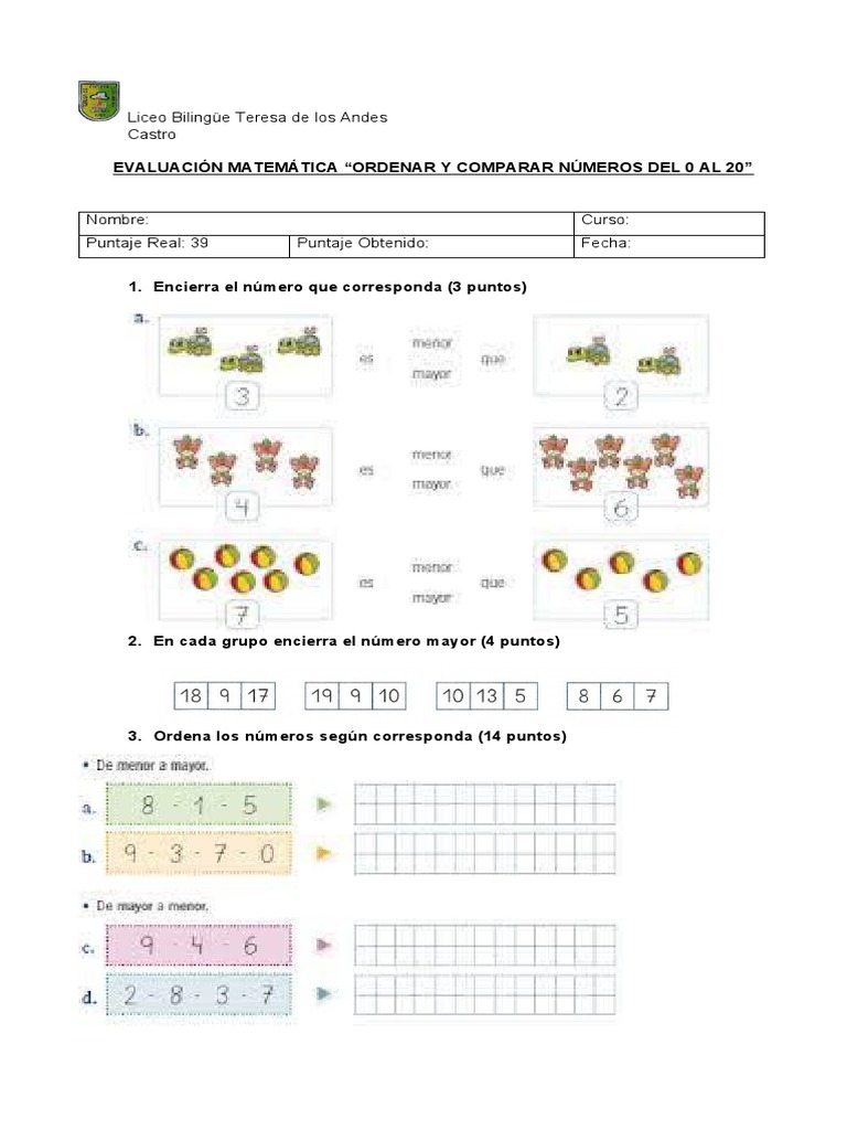 Evaluación: Ordenar y Comparar Números 0-20 | PDF