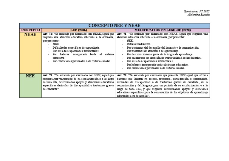 Concepto Nee y Neae Cuadro Resumen | PDF | Aprendizaje | Teoría de la educación