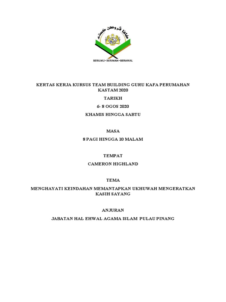 Kertas Kerja Kursus Team Building Guru Kafa Perumahan Kastam 2020 | PDF