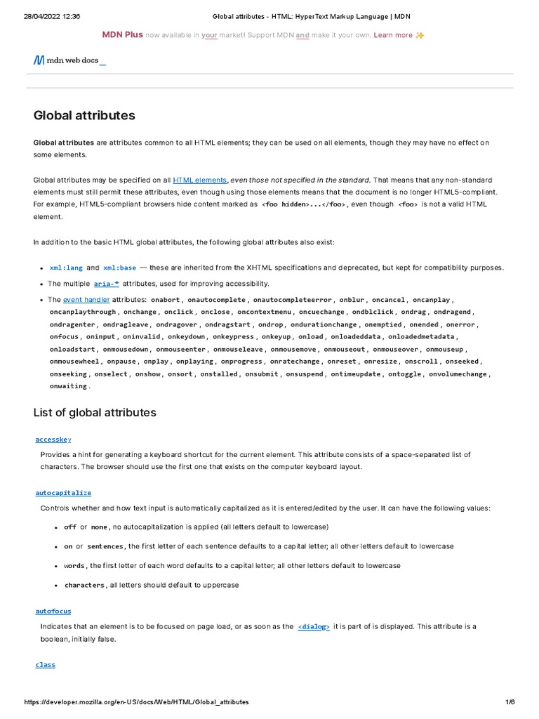 List of Global Attributes | Download Free PDF | Html | Html Element
