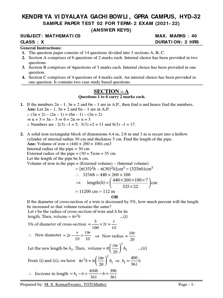 Maths Class X Term 2 Sample Paper Test 02 2021 22 Answers | PDF ...