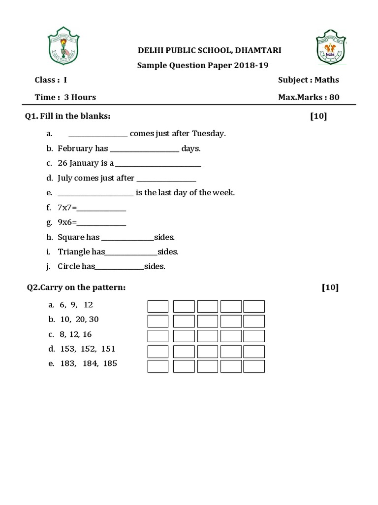 Maths Class 1 Sample Question Paper 2018-19-3 | PDF