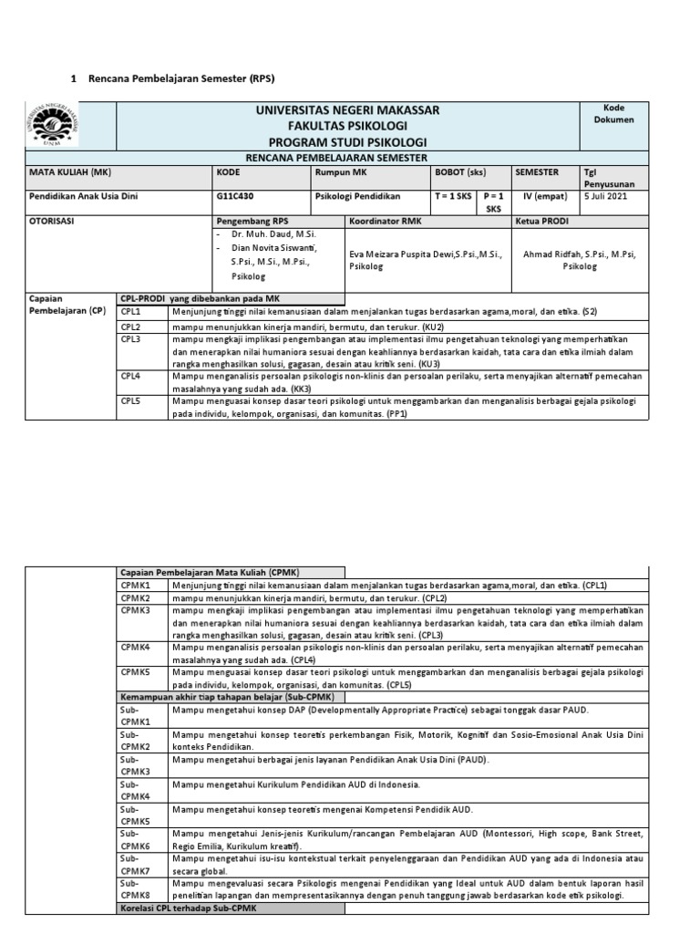 RPS PAUD-Psikologi Perkembangan | PDF