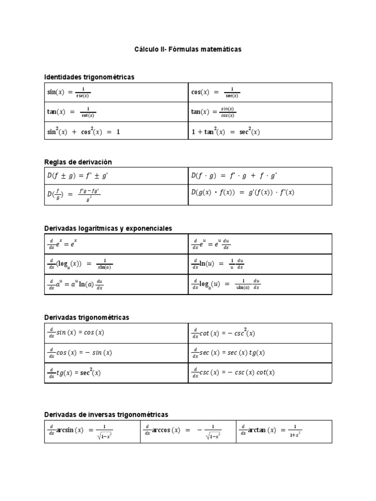 Cálculo II - Fórmulas Matemáticas | PDF | Logaritmo | Integral