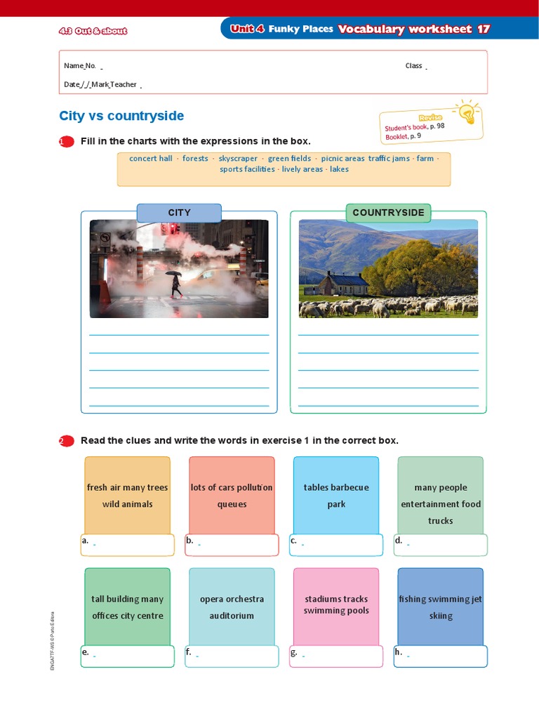 City Vs Countryside: Fill in The Charts With The Expressions in The Box ...