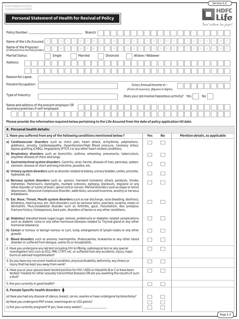 Personal Statement of Health Form - Revival. | PDF | Insurance ...