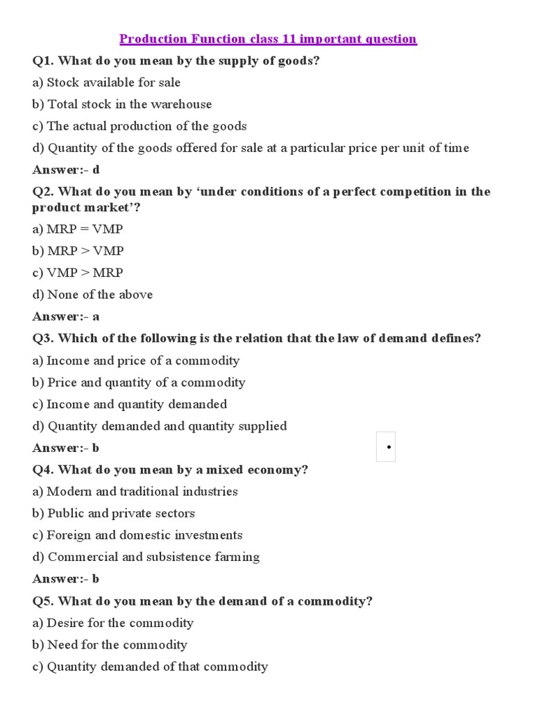 Production Function Class 11 Important Question | PDF | Average Cost ...