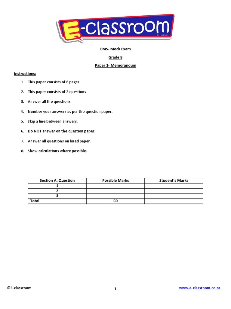 EMS-Mock Exam Grade 8 Paper 1 - Memorandum Instructions:: Www.e ...