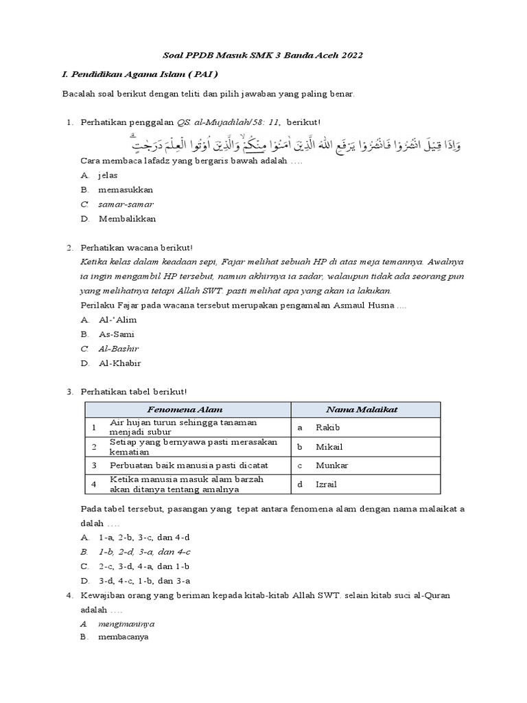 Soal PPDB SMK 3 Bna | PDF