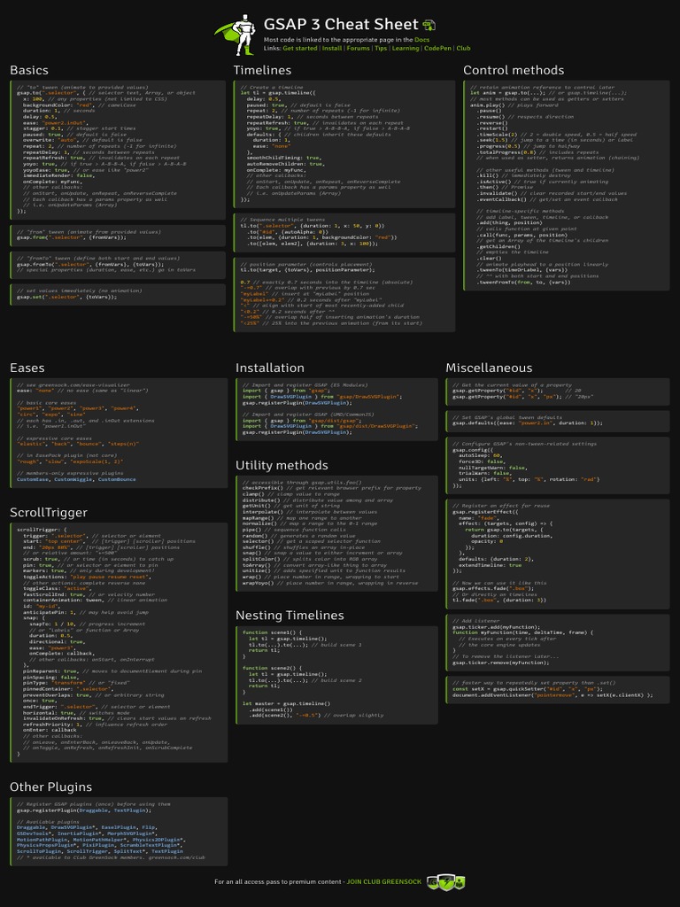 GSAP 3 Cheat Sheet: Basics Timelines Control Methods | PDF | Computer Engineering | Computer Science