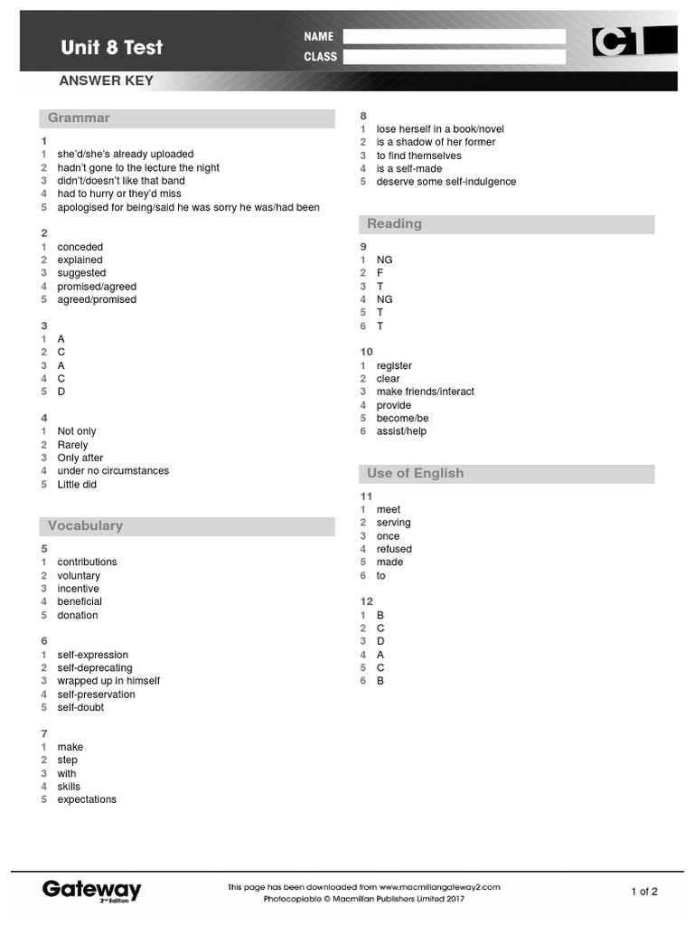 C1 UNIT 8 Test Answer Key | PDF | Cognition | Linguistics
