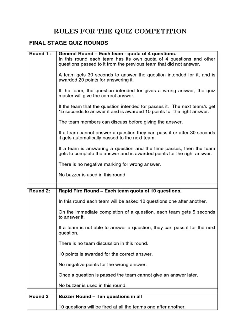 Quiz Competition Rules and Rounds | PDF | Question | Game Shows