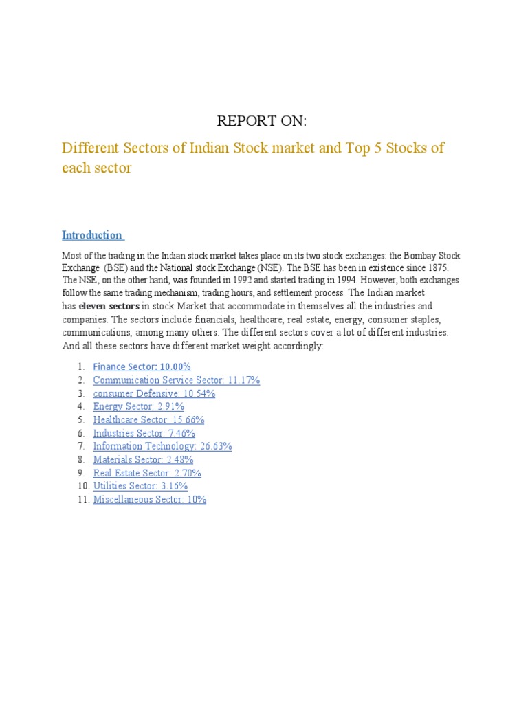 Report On:: Different Sectors of Indian Stock Market and Top 5 Stocks ...